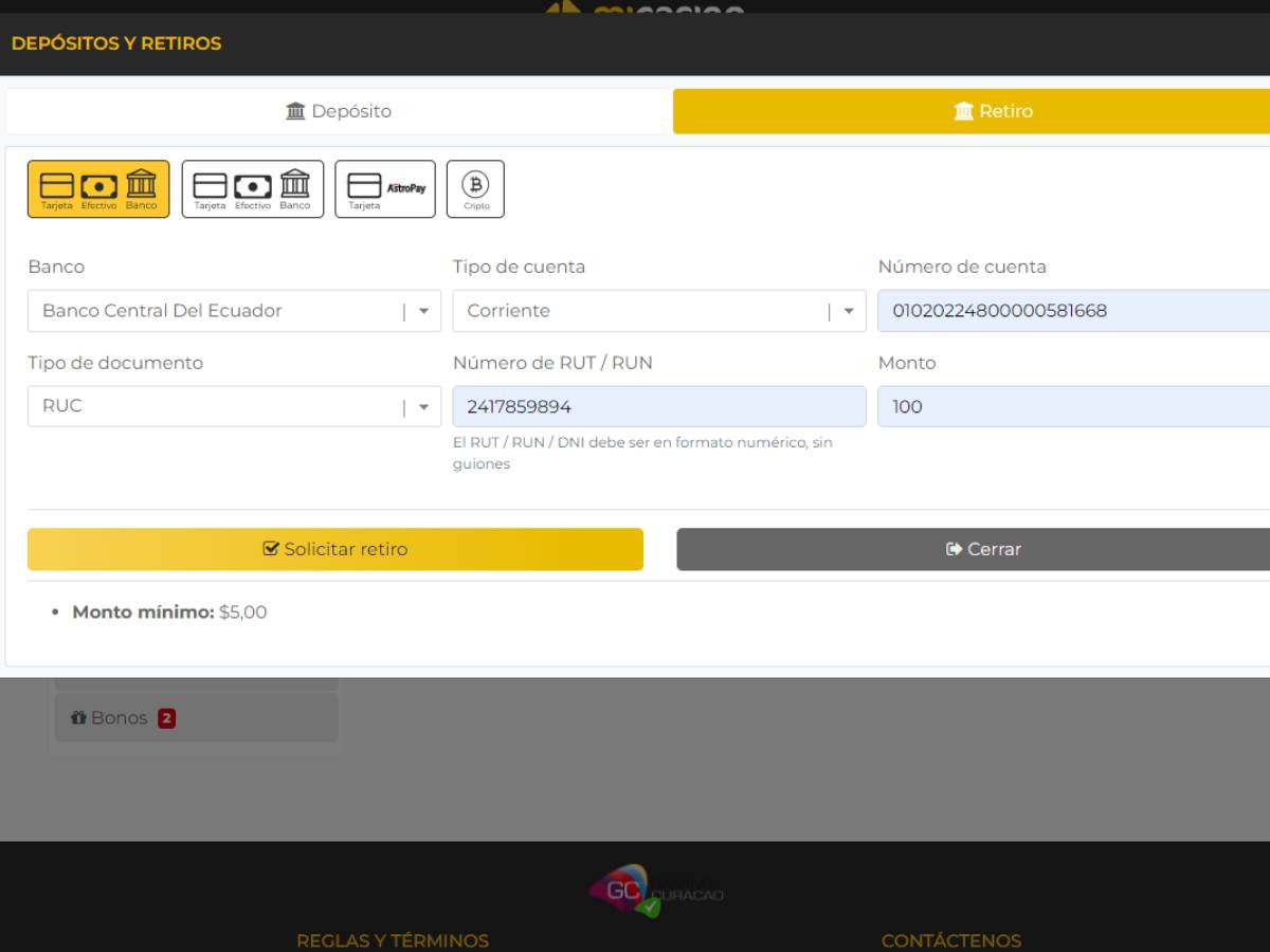Cómo retirar dinero en MiCasino.com desde Ecuador