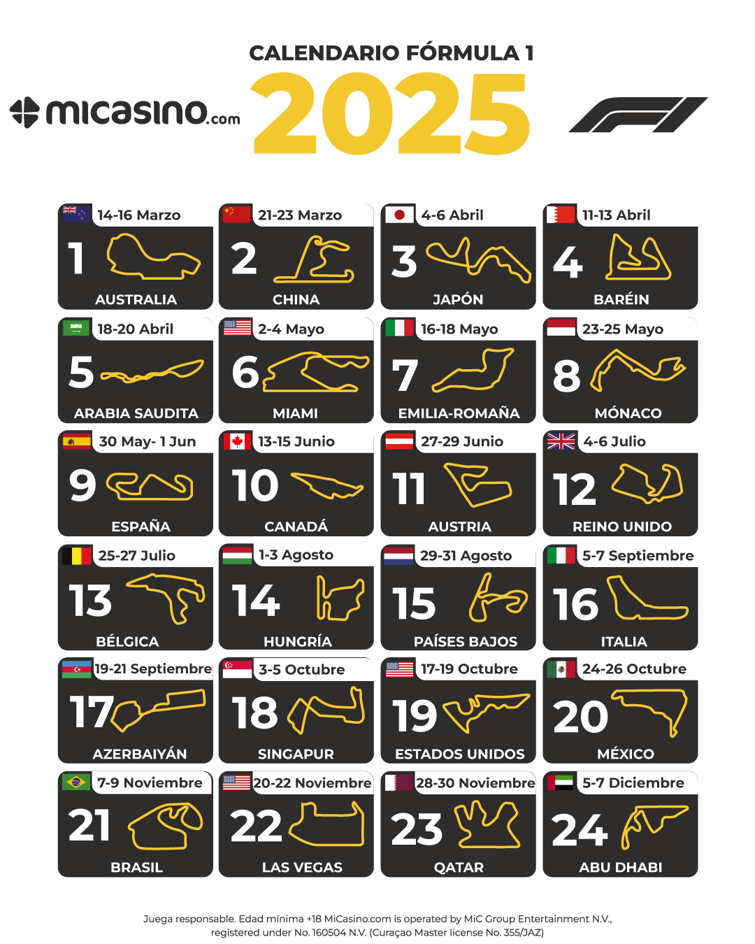 Personalised F1 Calendar 2025 Formula 1 Calendar. 2025 F1 Circuits. F1 ...